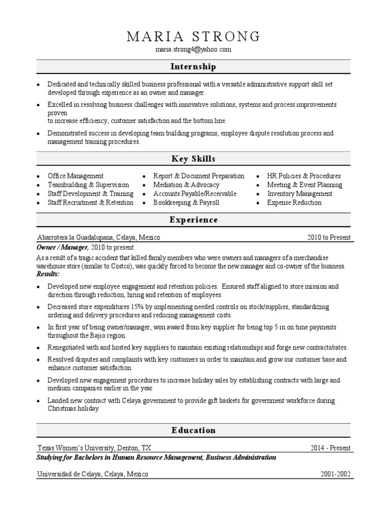 Maria Strong Resume - Internship School | PDF