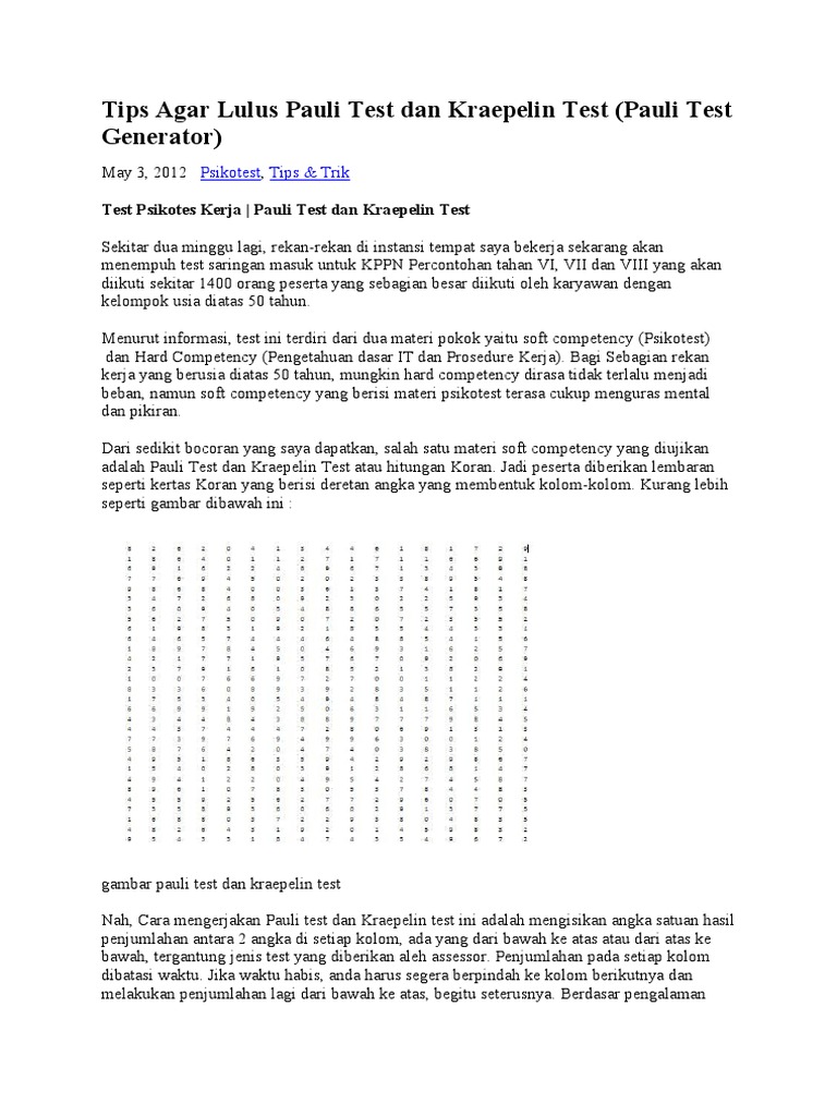 Tips Agar Lulus Pauli Test Dan Kraepelin Test | PDF