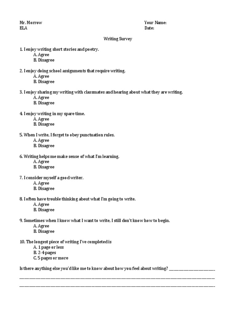 Writing Survey For Standard 1 | PDF | Career & Growth