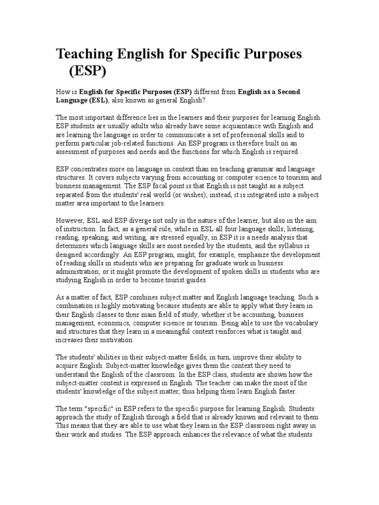 Teaching English for Specific Purposes | English As A Second Or Foreign ...