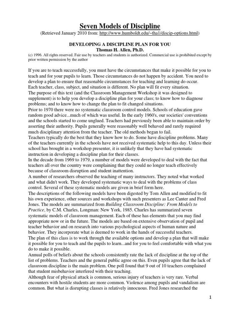 Classroom Discipline Models Guide | PDF