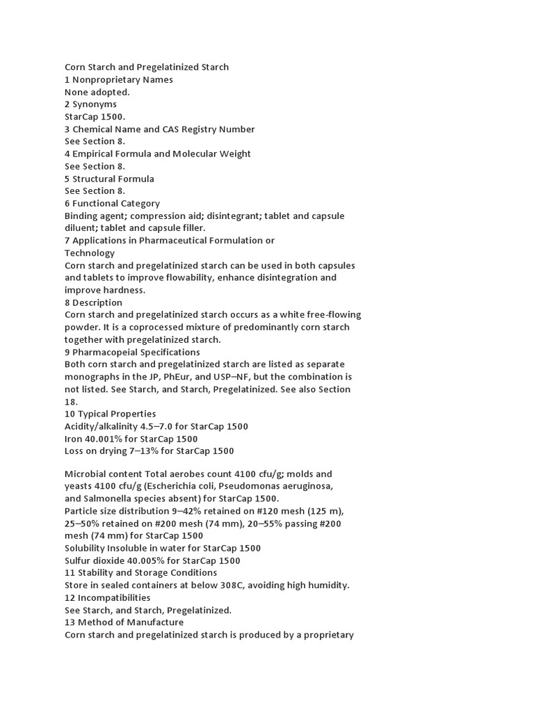 Corn Starch and Pregelatinized Starch | PDF | Tablet (Pharmacy ...