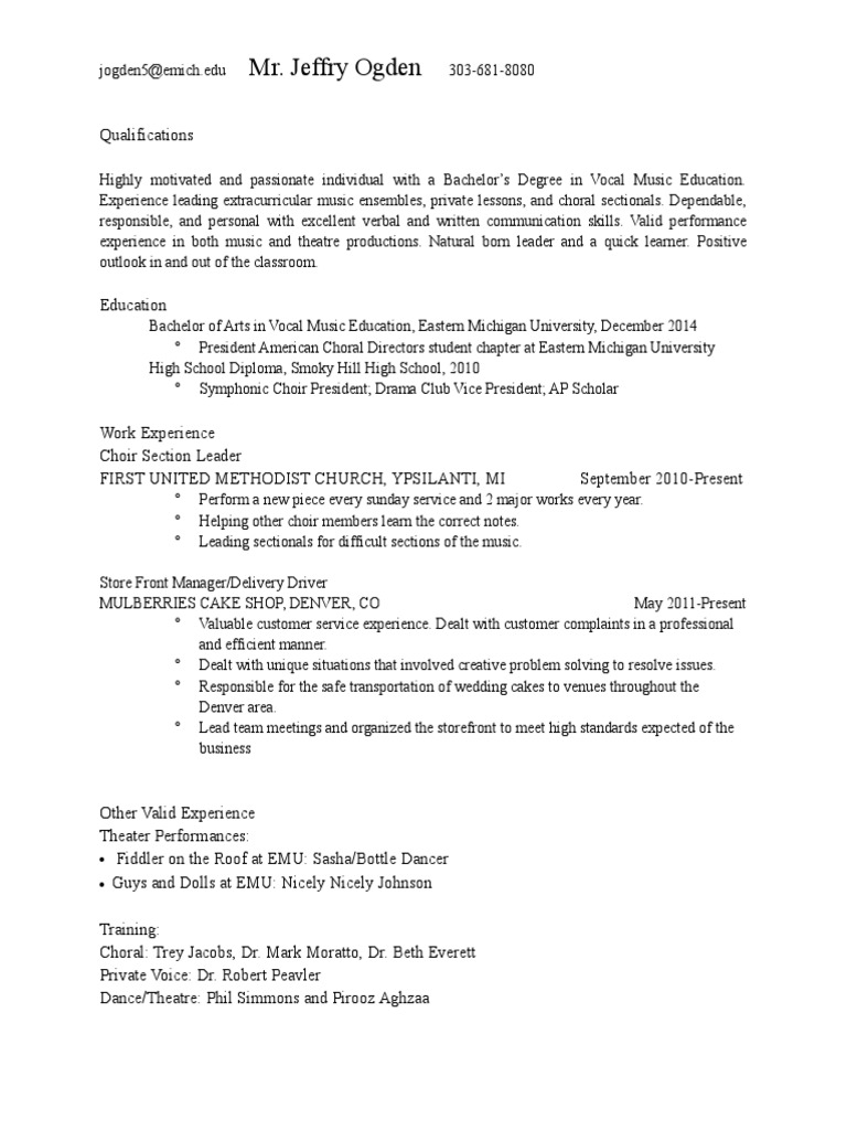 Vocal Music Educator & Choir Leader Resume | PDF