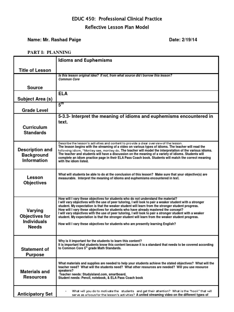 Reflective Lesson Plan (Idioms) | PDF | Differentiated Instruction ...