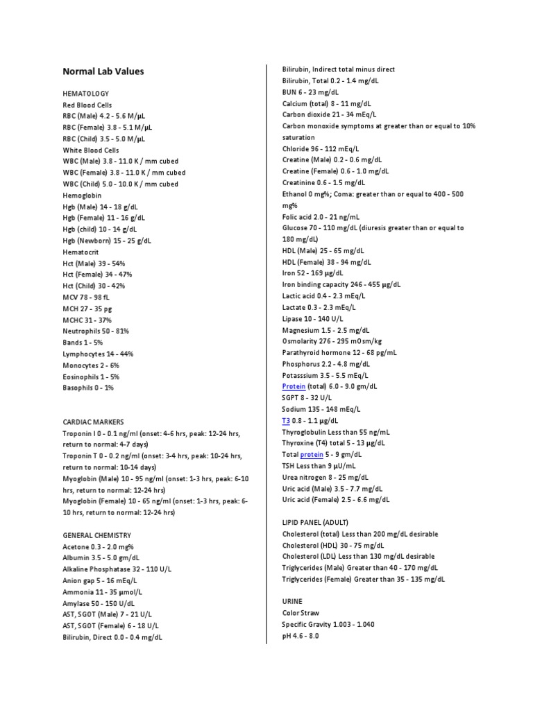 Normal Lab Values | PDF