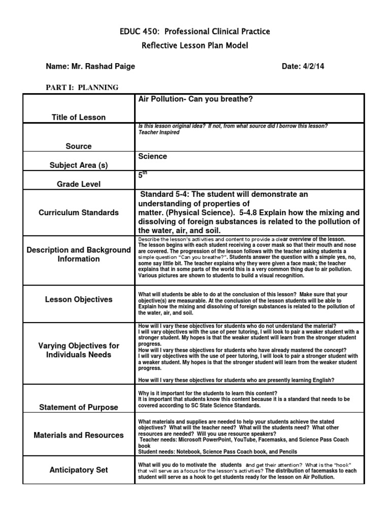Reflective Lesson Plan (Air Pollution) | Differentiated Instruction ...