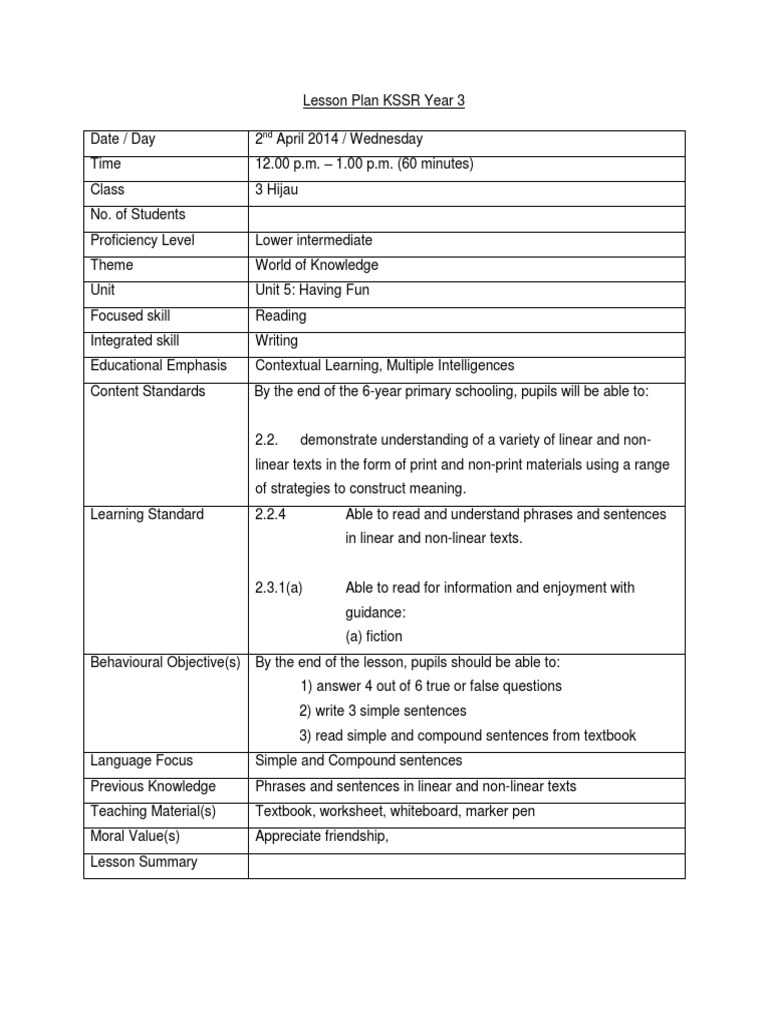 Lesson Plan KSSR Year 3 | PDF | Lesson Plan | Teachers