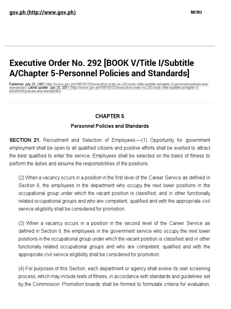 Executive Order No. 292 BK v Title I Subtitle a Chapter 5 Personnel ...