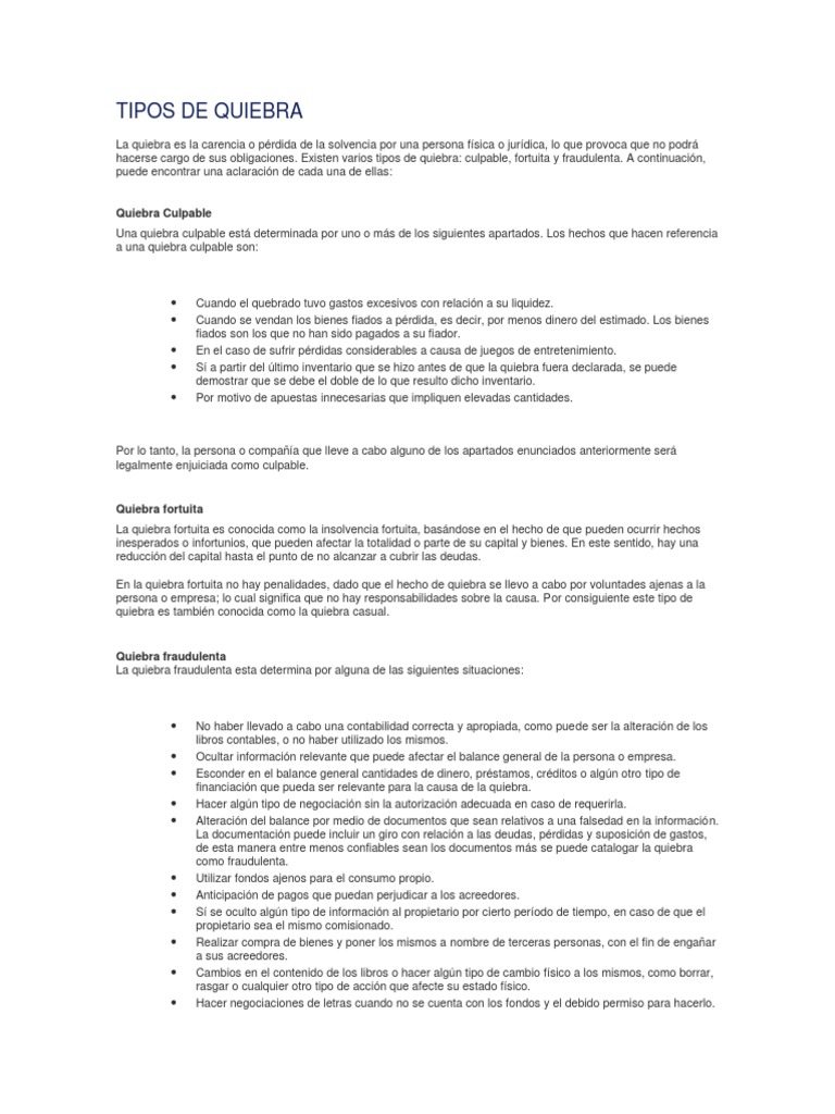 Tipos de Quiebra: Culpable, Fortuita y Fraudulenta | PDF | Bancarrota ...