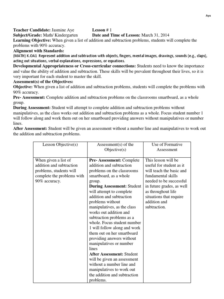 Kindergarten Math Lesson Plan: Addition & Subtraction | PDF | Behavior ...