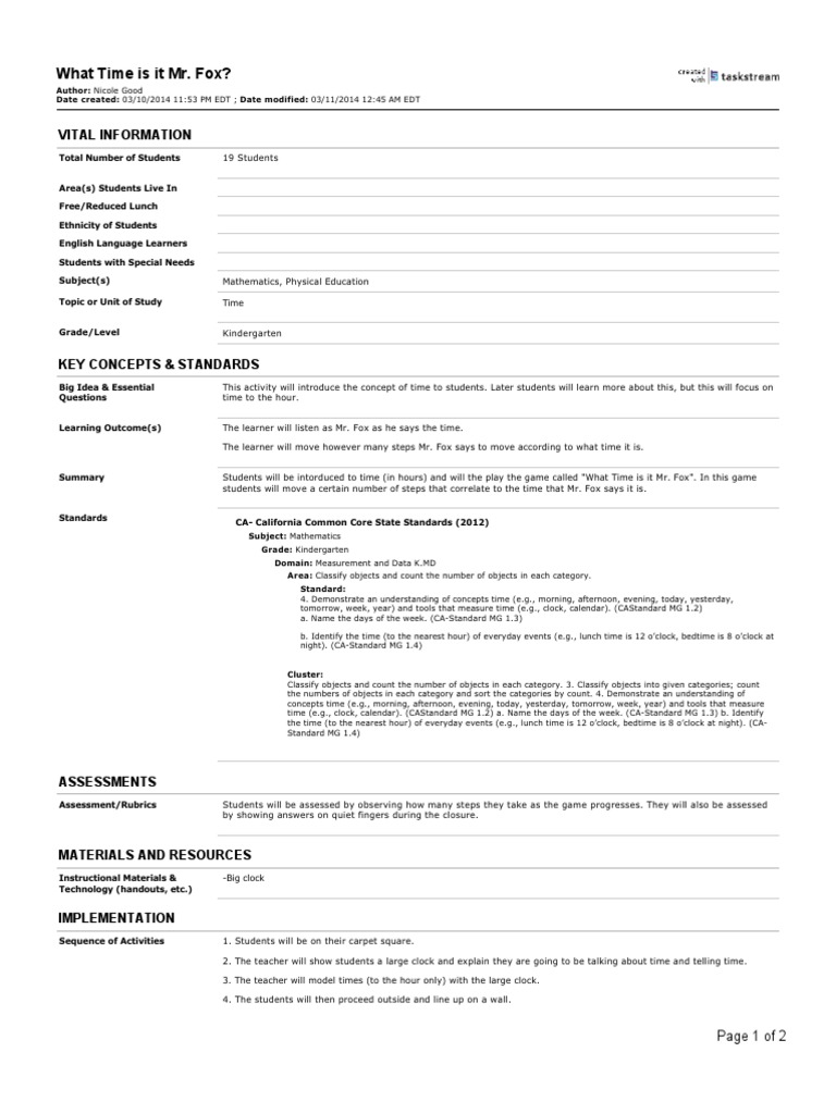 What Time Is It MR Fox | PDF | Common Core State Standards Initiative ...