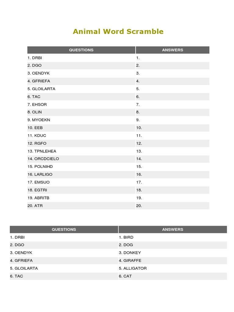 Animal Word Scramble | PDF | Buoyancy | Atmosphere Of Earth