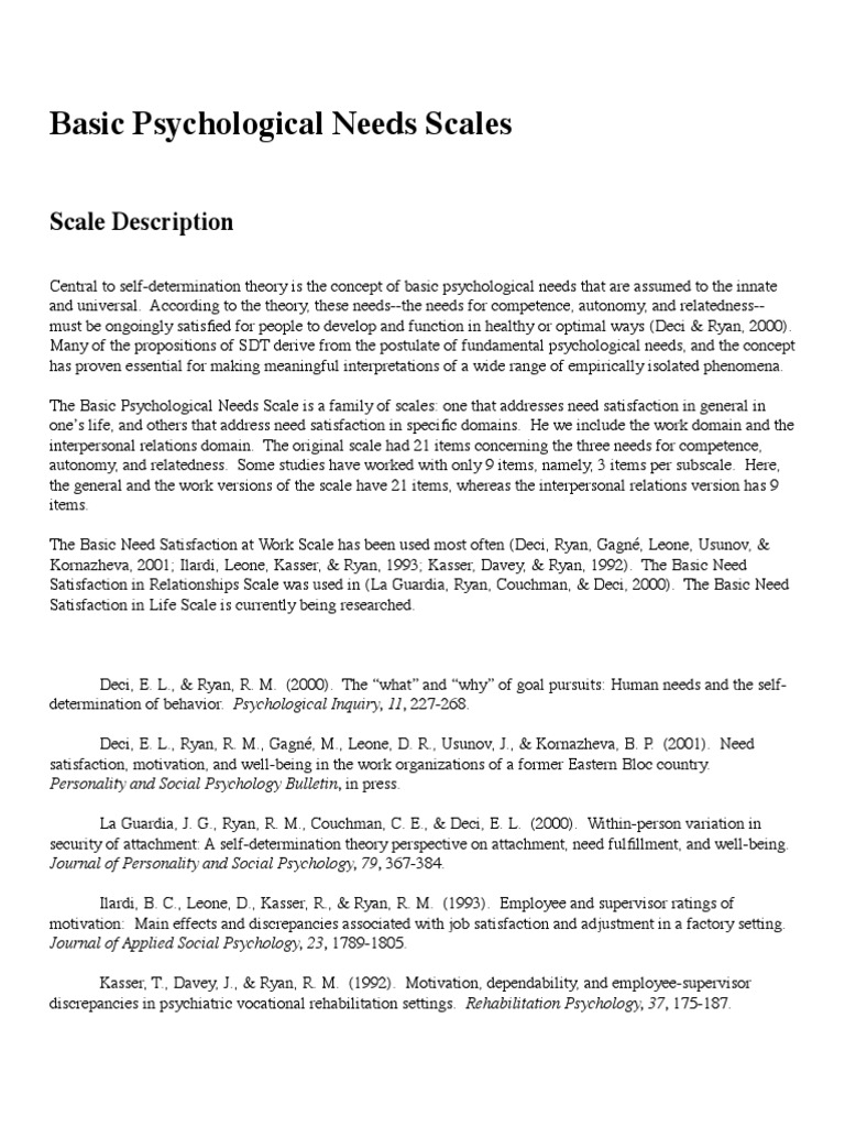 Basic Psychological Needs Scales Overview | PDF | Attachment Theory ...