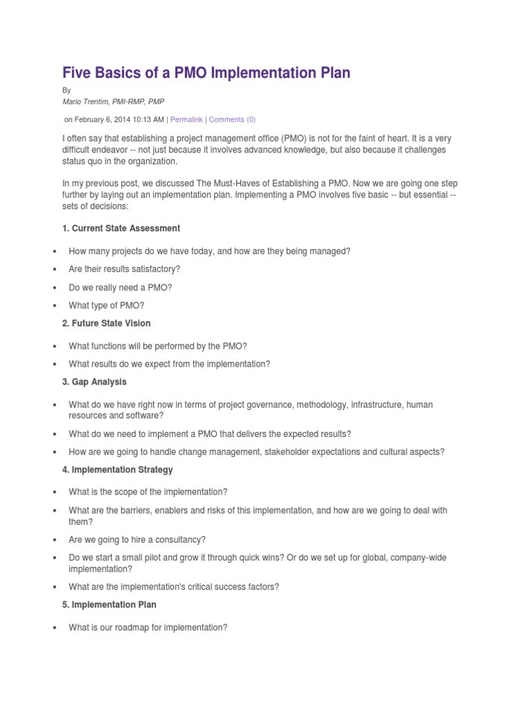 Five Basics of A PMO Implementation Plan | PDF | Strategic Management ...