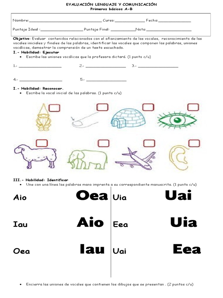 Evaluación de Vocales para Primer Grado | PDF