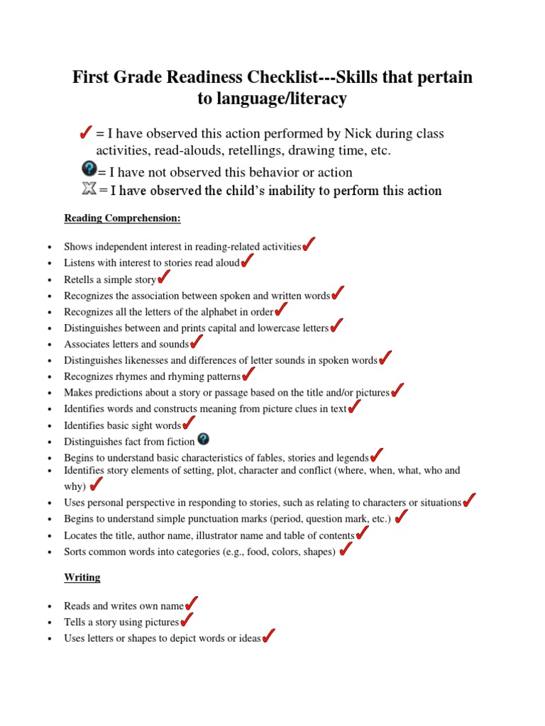 First Grade Readiness Checklist Portfolio | PDF | Literacy | Word
