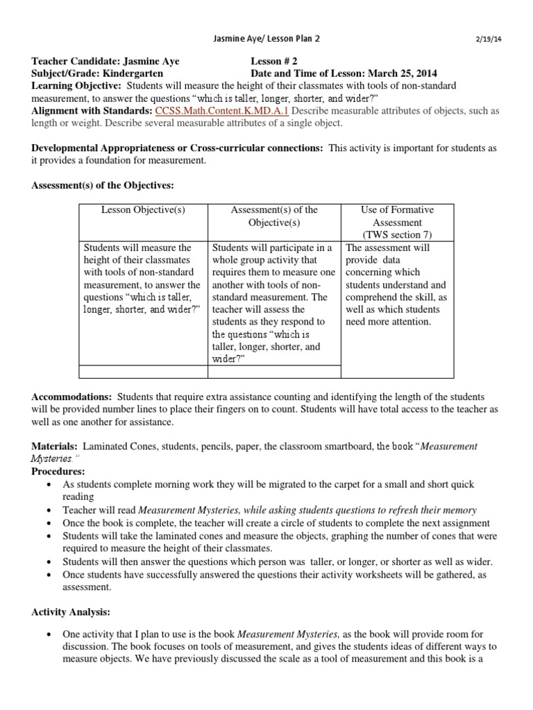 Kindergarten Measurement Lesson Plan | PDF | Educational Assessment ...