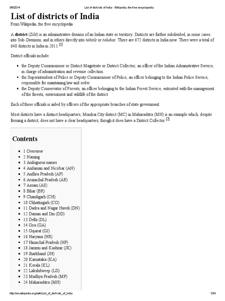 List of Districts of India - Wikipedia, The Free Encyclopedia | PDF ...