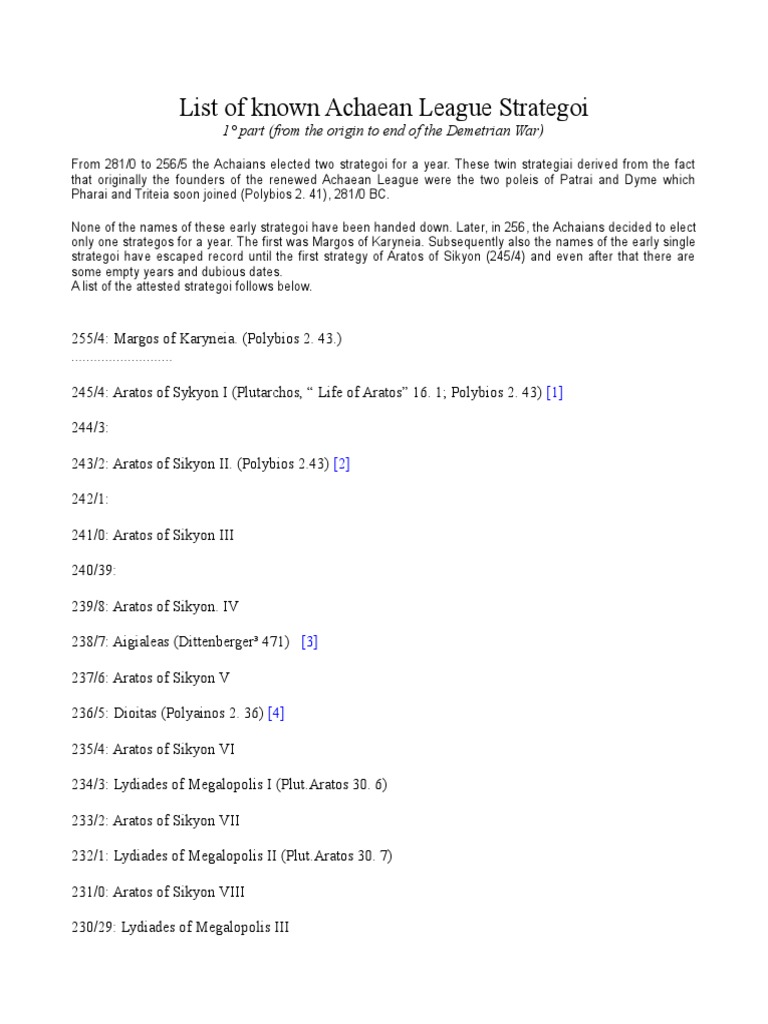 List of Known Achaean League Strategoi | PDF | Greece | Warfare Of ...