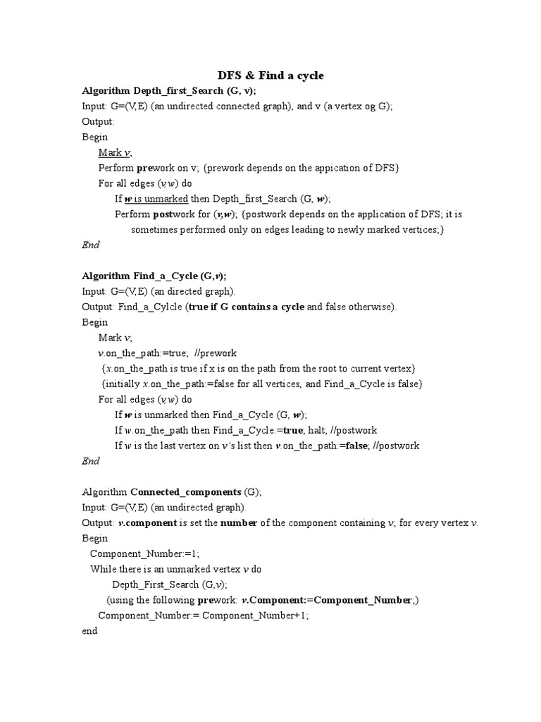 DFS & Find A Cycle: Algorithm Depth - First - Search (G, V) | PDF ...