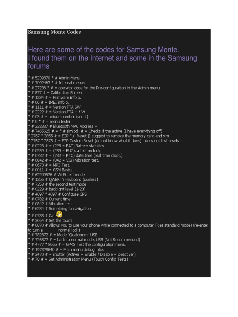 Samsung Monte Codes | PDF | Menu (Computing) | Subscriber Identity Module