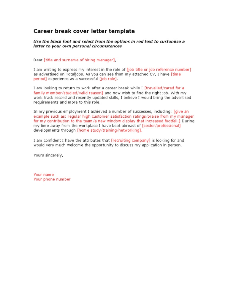 Career Break Cover Letter Template | PDF | Career & Growth | Business