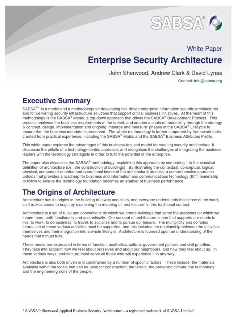 SABSA White Paper | PDF | Conceptual Model | Computer Security
