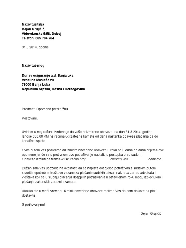 Opomena Pred Tuzbu Primjer | PDF