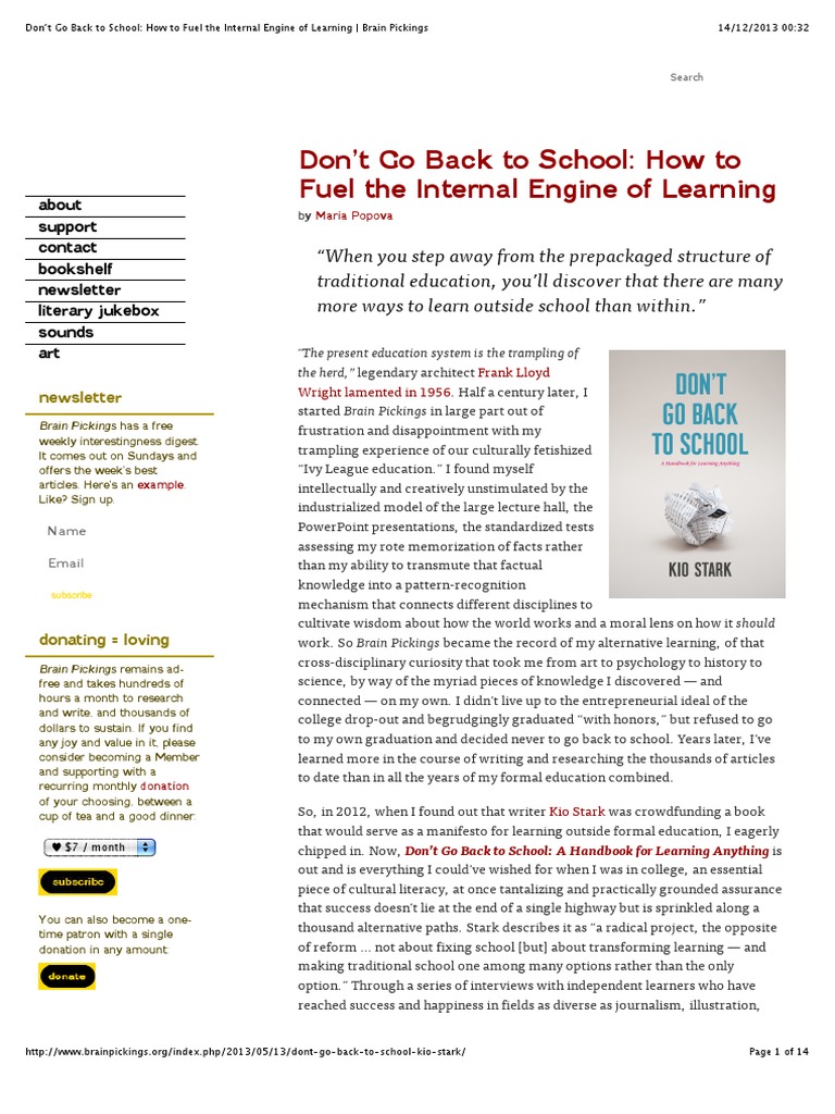 Don't Go Back To School: How To Fuel The Internal Engine of Learning - Brain Pickings | PDF ...