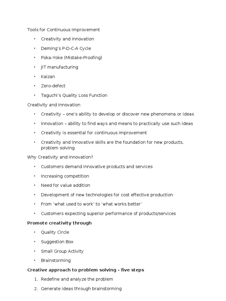 Tools For Continuous Improvement | PDF | Business Process | Creativity