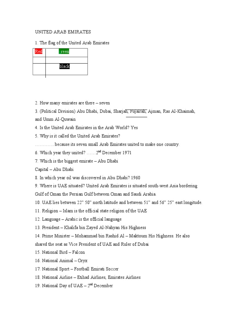 UNITED ARAB EMIRATES - Basic General Knowledge Question | PDF | United ...