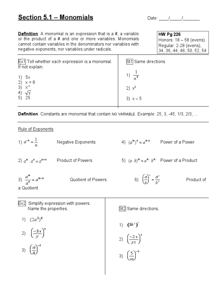 5.1 - Monomials | PDF | Mathematics | Algebra