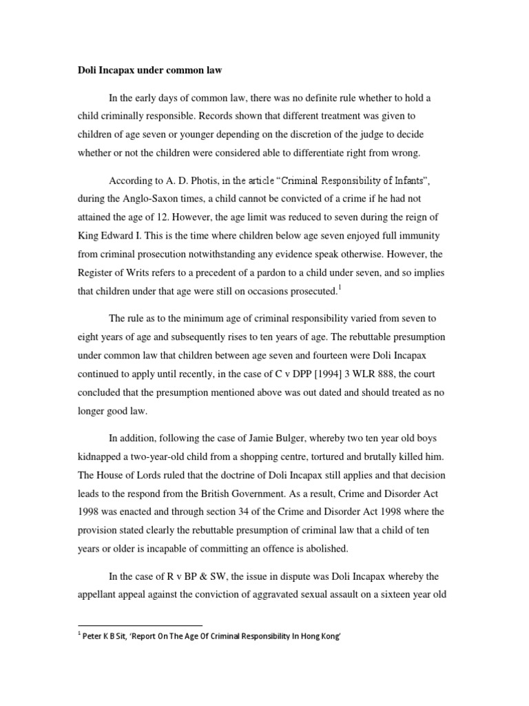 Doli Incapax: Legal Evolution | PDF | Burden Of Proof (Law) | Crime ...