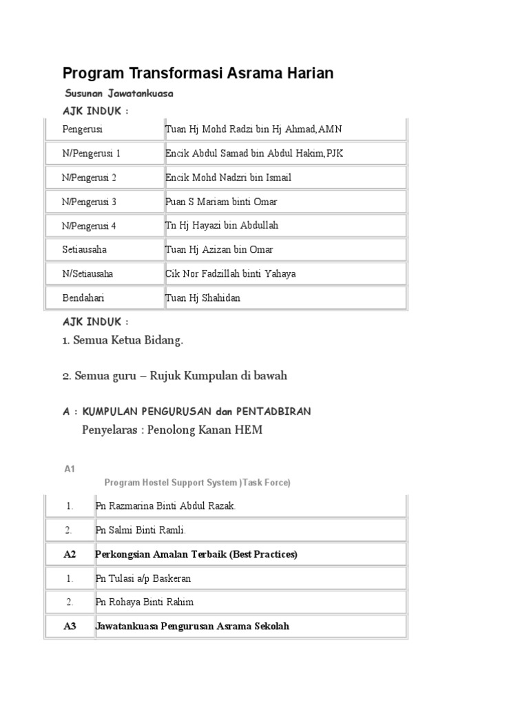Contoh AJK Program Transformasi Asrama Harian | PDF