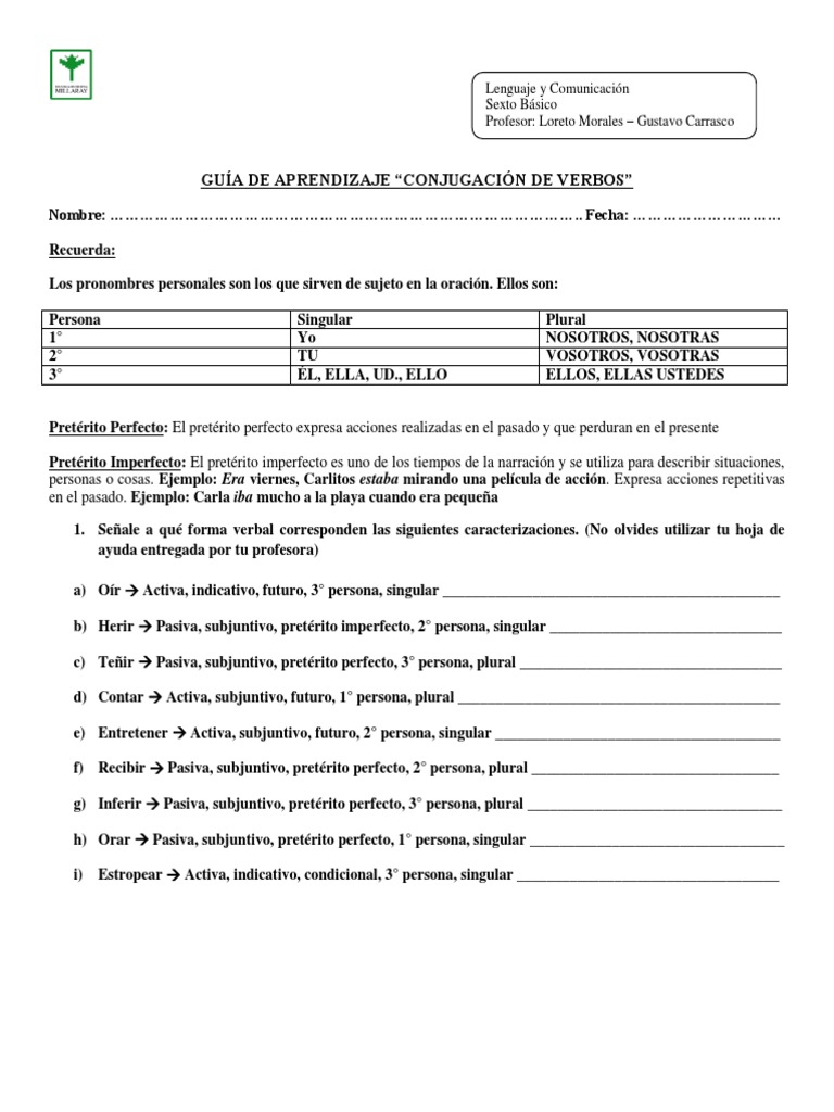 Guia de Aprendizaje Sexto Basico VERBOS | Verbo | Lingüística | Prueba ...