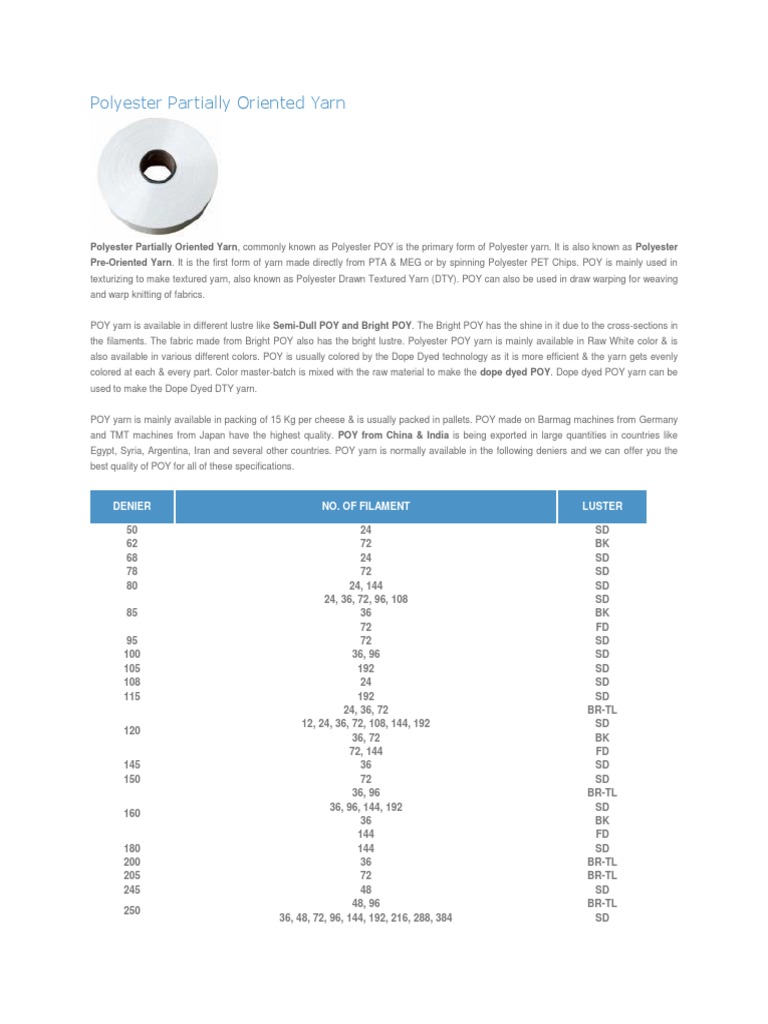 Polyester Partially Oriented Yarn Overview | PDF | Yarn | Polyester