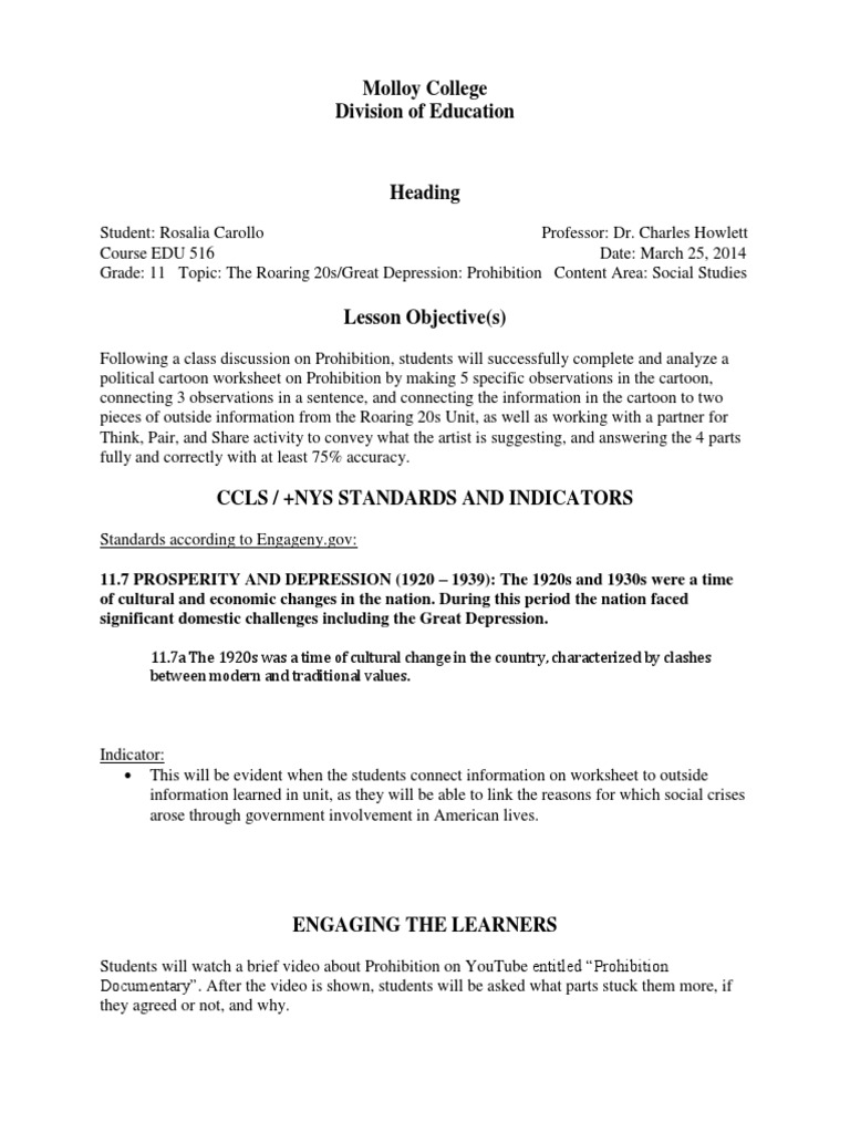 0324 Lesson Plan 11th Grade Prohibition Edu 316 | PDF | Learning Styles | Educational Assessment