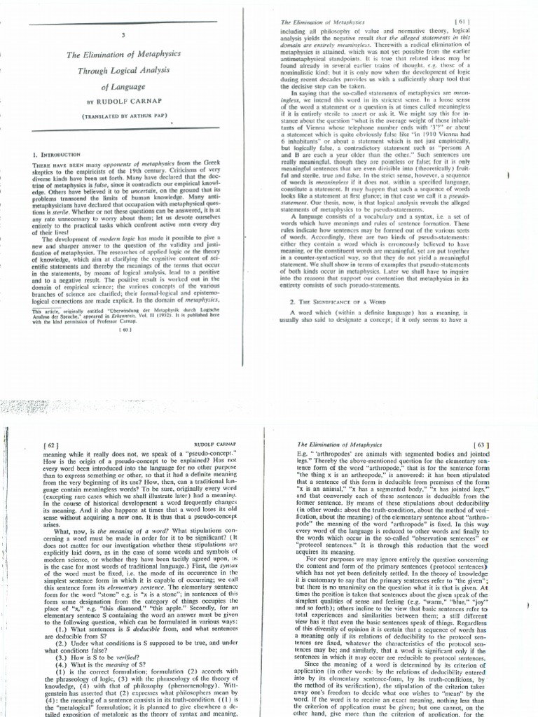 Carnap-Elimination of Metaphysics Through Logical Analysis of Language ...