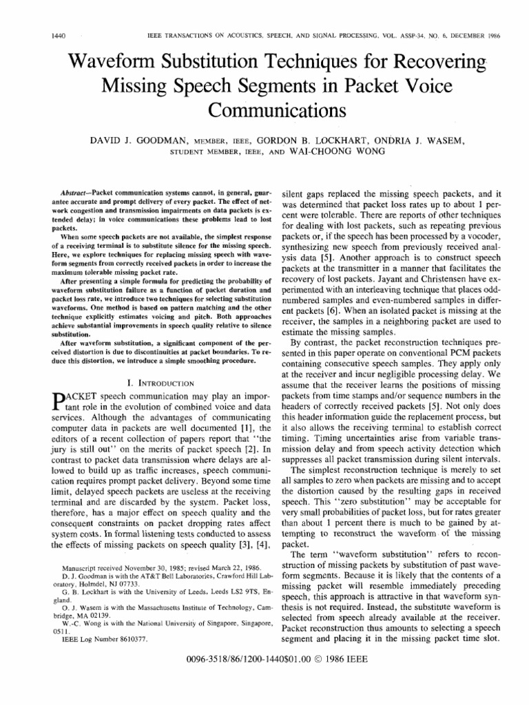 Waveform Substitution Techniques For Recovering Missing Speech Segments in Packet Voice ...