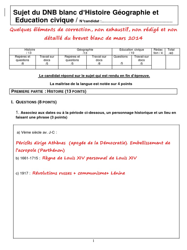 Correction DNB Blanc Histoire-Géo 2014 | PDF | Parti nazi | Allemagne nazie