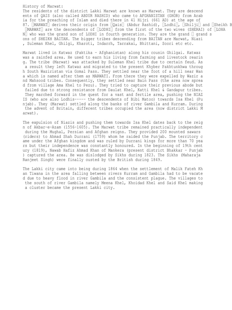 The History and Migration of the Marwat Tribe from Afghanistan to ...