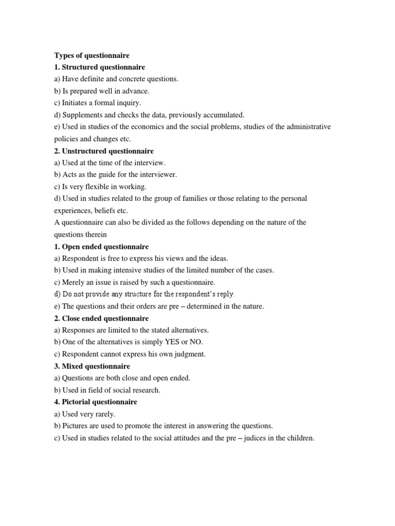 Different Types of Questionnaire | Question | Questionnaire