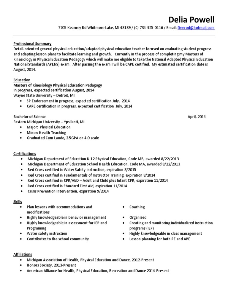 Delia Powell's Professional Resume | PDF | Physical Education | Special ...