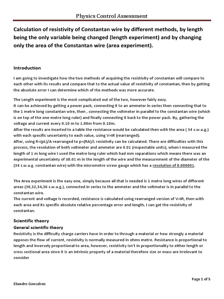 Calculation of Resistivity of Constantan Wire by Different Methods ...