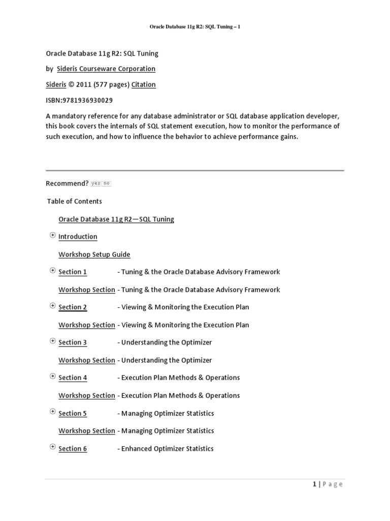Sideris-Oracle Database 11g R2 Tuning-1 | PDF | Sql | Databases