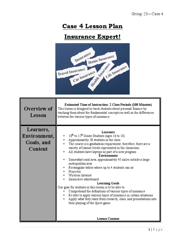 Case 4 Lessonplan | PDF | Lesson Plan | Insurance