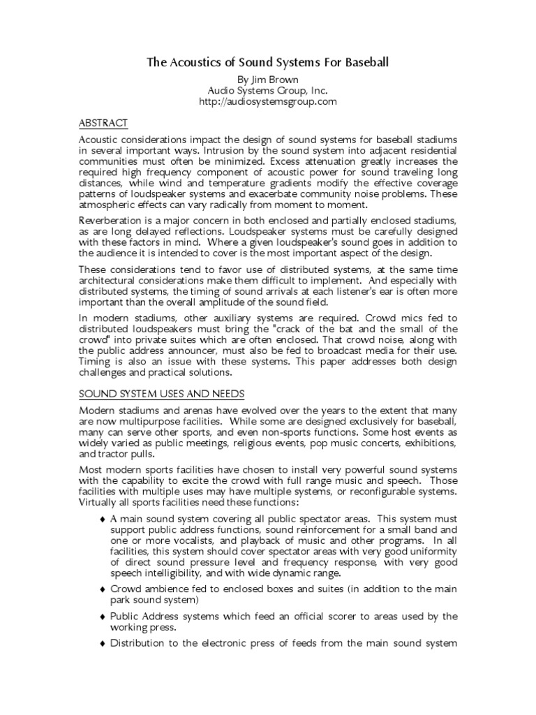 The Acoustics of Sound Systems For Baseball | PDF | Loudspeaker ...