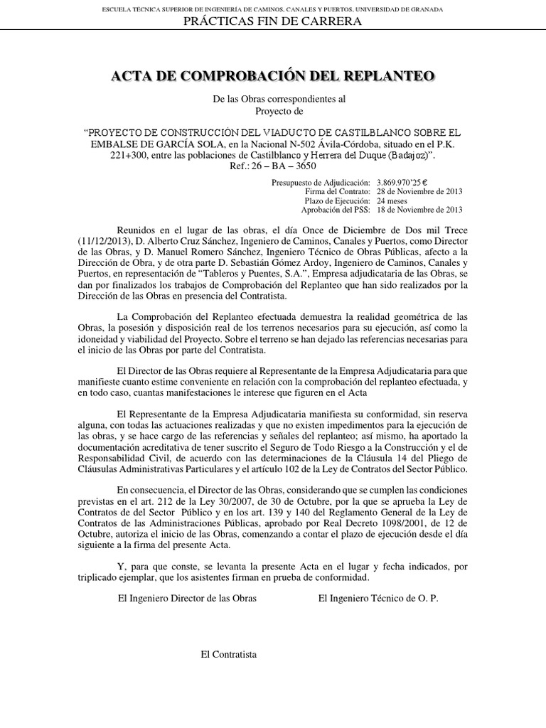 D1.-Acta de Comprobación Del Replanteo | Ingeniero civil | Pena capital