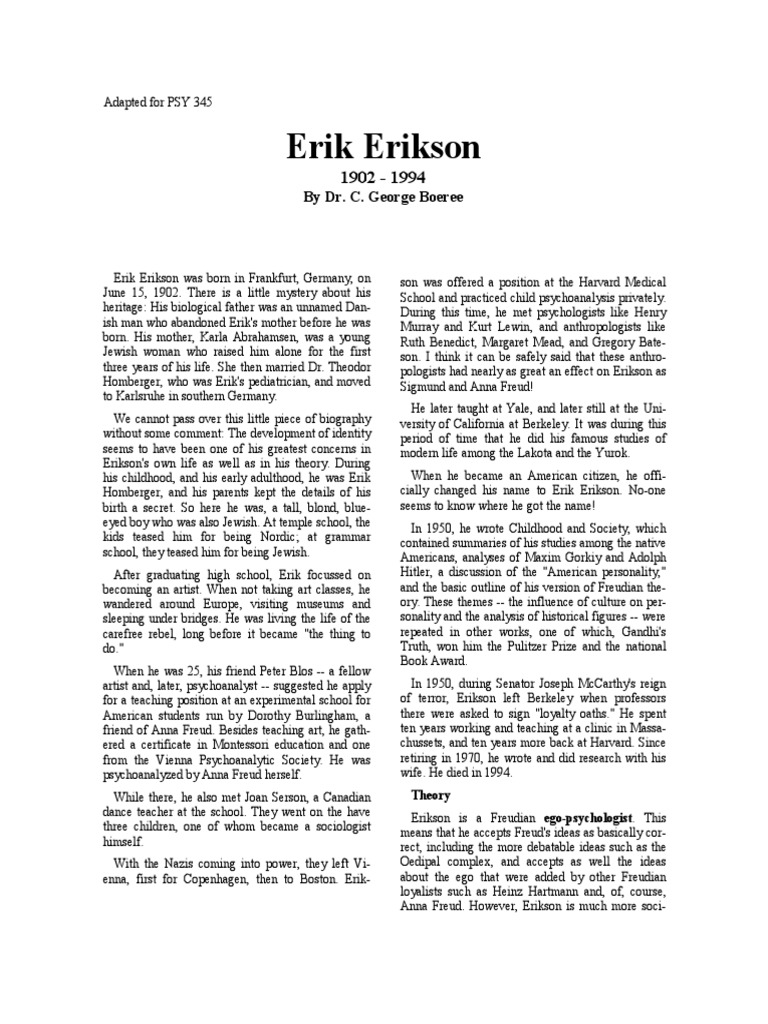 Erik Erikson: by Dr. C. George Boeree | PDF | Psychological Concepts ...