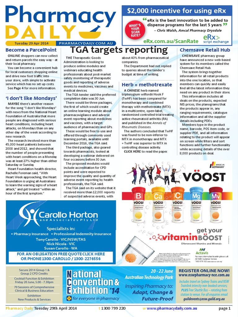 Pharmacy Daily For Tue 29 Apr 2014 - TGA Targets Reporting, Clinical ...